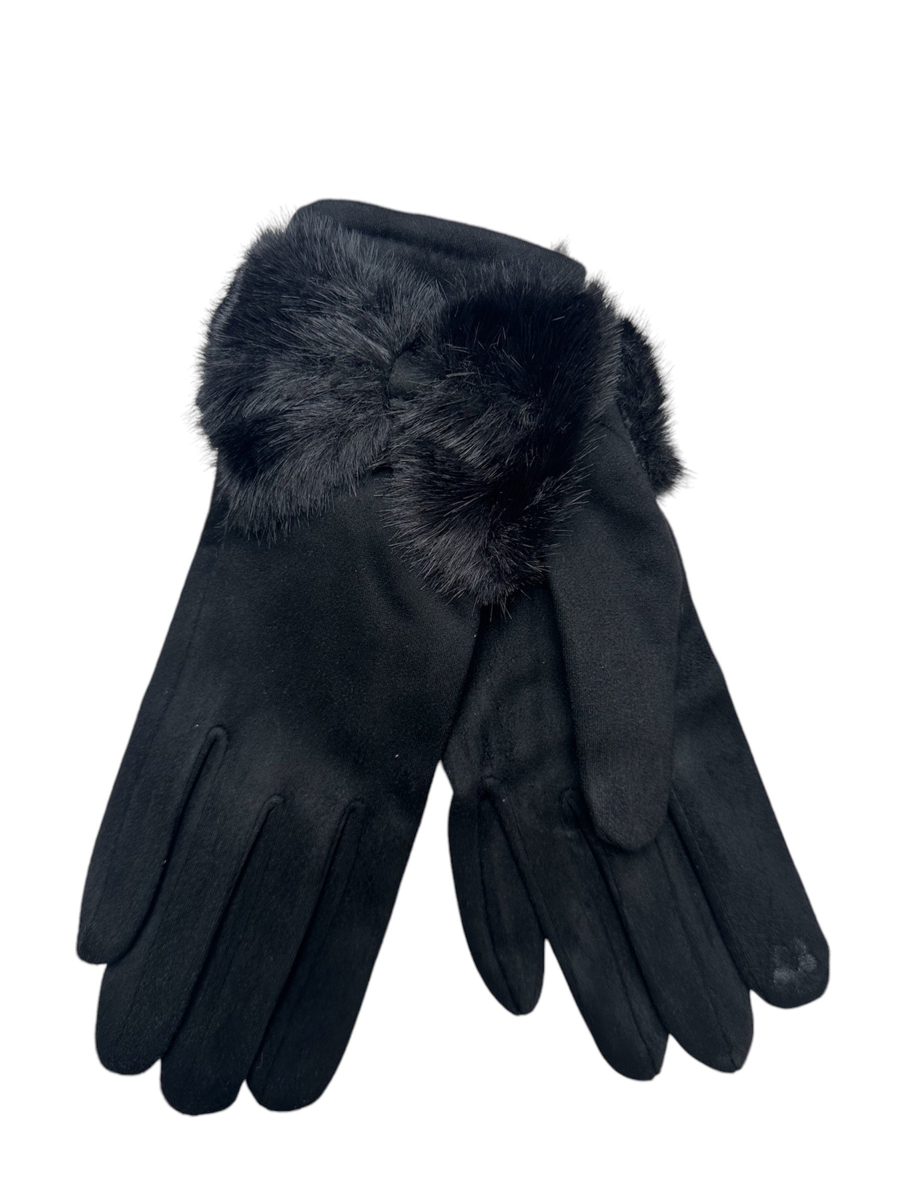 Black faux fur bow trim gloves Livia s Boutique